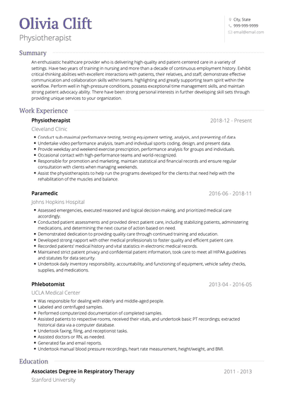 Physiotherapist CV Examples & Templates | VisualCV Physiotherapist CV Examples & Templates | VisualCV