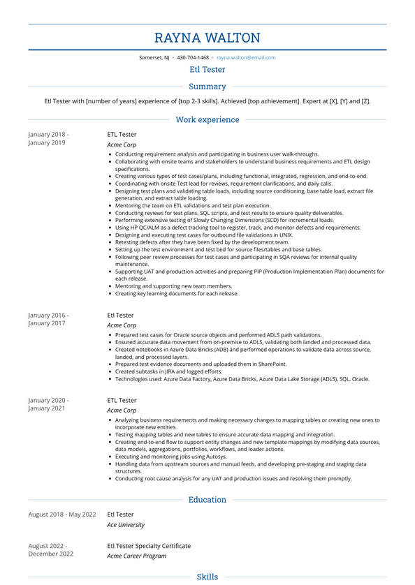 3+ ETL Tester Resume Examples and Templates 3+ ETL Tester Resume Examples and Templates